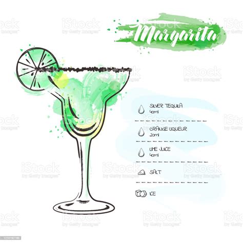 마가리타 바에서 음료를 만들기 위한 칵테일과 재료 세트를 이미지한 것입니다 흰색 배경에 수채화 스케치 벡터 일러스트레이션
