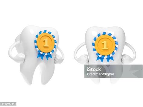 3d 현실적인 렌더링 메달로 행복하고 강한 치아 만화 치과 캐릭터 귀여운 치과 의사 마스코트 구강 건강 및 치과 검사 치아 의료 치과 의사 도구 0명에 대한 스톡 사진 및