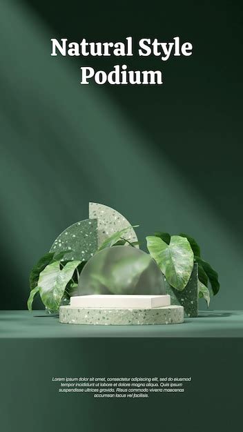 세로 Alocasia 식물 녹색 벽에 3d 빈 모형 실린더 녹색 테라 조 연단 렌더링 프리미엄 Psd 파일
