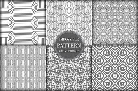 6 기하학적 불가능 원활한 패턴 배경의 집합입니다 벽지 표지 배너 패브릭 인쇄 디자인 템플릿 장식 배경에 대한 추상 원 및 선 텍스처 벡터 일러스트레이션 0명에 대한 스톡
