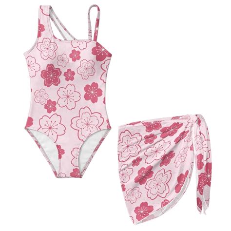 Seanative One Piece Swimsuit For Girls With Short Sarongs Chiffon Cover