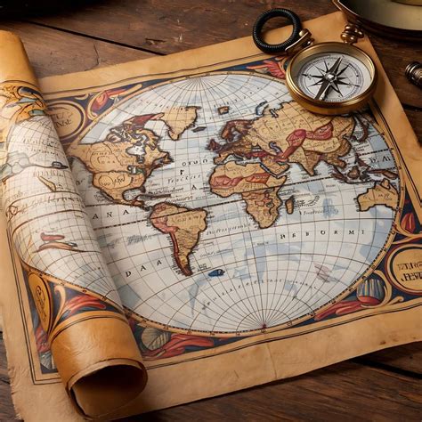 Ancient Parchment Paper With Vintage Map And Compass Scroll Side