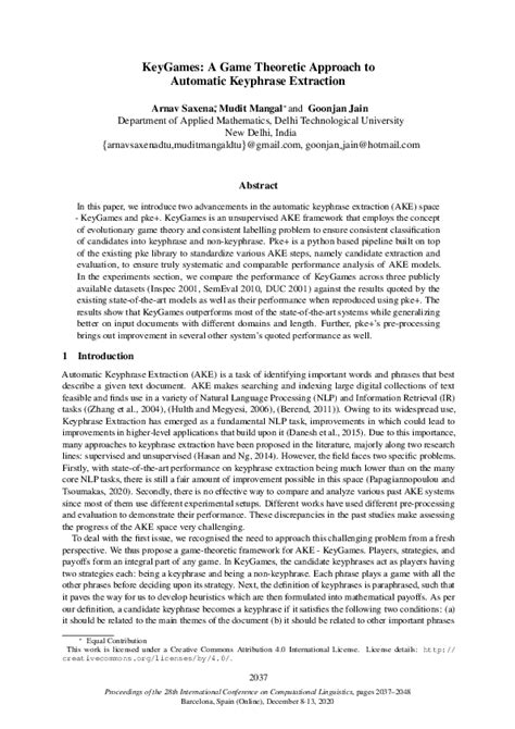 Pdf Keygames A Game Theoretic Approach To Automatic Keyphrase Extraction
