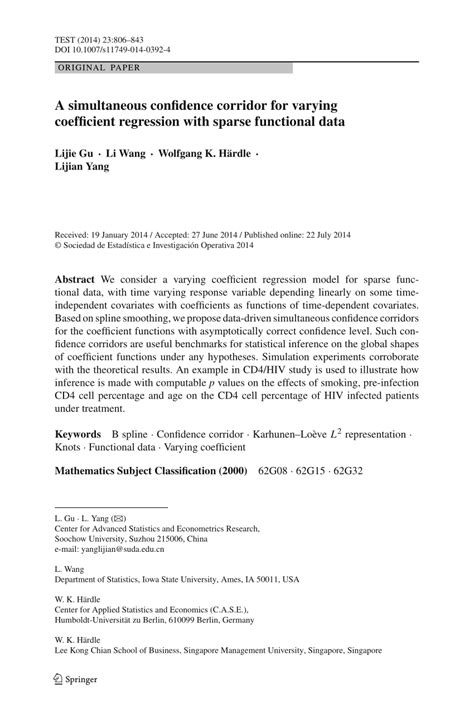 Pdf A Simultaneous Confidence Corridor For Varying Coefficient Regression With Sparse