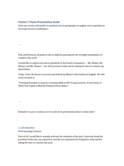 Master Thesis Presentation Script Pdf Teachers Methodology