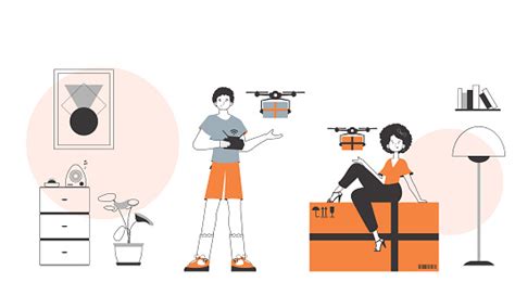 남자와 여자 팀은 무인 항공기로 패키지를 제공합니다 항공에 의한 화물 운송의 개념 선형 현대 스타일 긍정적인 감정 표현에 대한 스톡 벡터 아트 및 기타 이미지 Istock