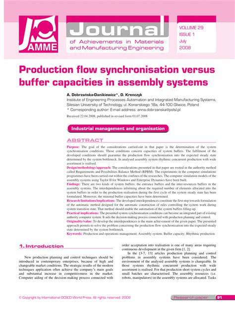 Pdf Production Flow Synchronisation Versus Buffer Capacities In