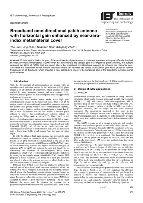 Broadband Omnidirectional Patch Antenna With Horizontal Gain Enhanced By Near Zero Index
