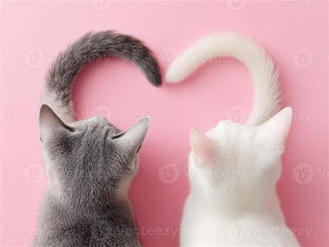 Two Cats Create Heart Shape With Their Tails On Pink Background