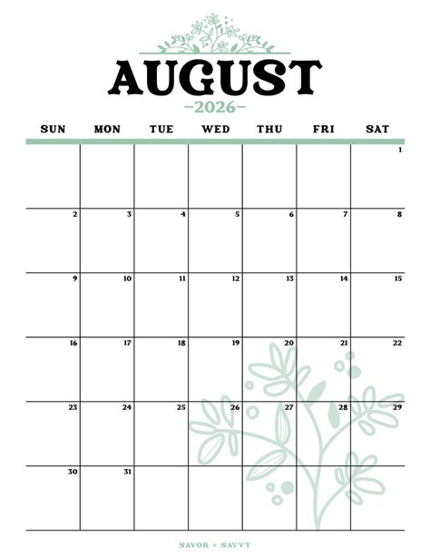 August 2026 Calendar Templates 14 Free Printables Savor Savvy