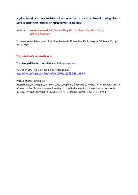 Pdf Hydrochemical Characteristics Of Mine Waters From Abandoned Mining Sites In Serbia And