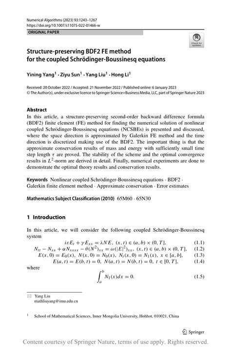 Structure Preserving Bdf2 Fe Method For The Coupled Schrödinger Boussinesq Equations Request Pdf