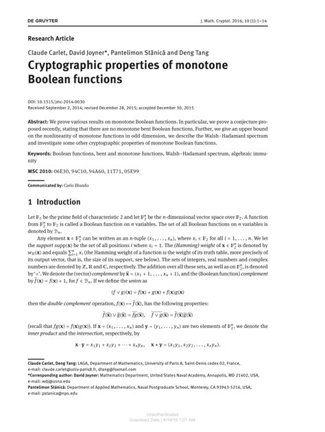 Pdf Cryptographic Properties Of Monotone Boolean Functions