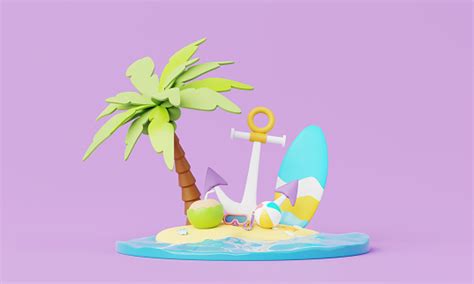 3d 렌더링 여름 휴가 해변 및 바다 아이콘 요소 개체 그룹 휴일 배경 개념 제품 모형 또는 여름 테마의 화장품에 대한 사실적인 디스플레이 미니멀하고 귀여운 디자인 디지털