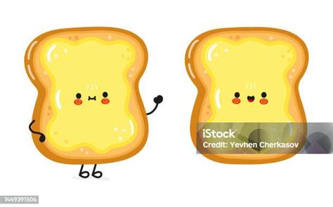 귀여운 재미있는 얇게 썬 토스트 빵과 버터가 손을 흔드는 캐릭터 벡터 손으로 그린 만화 Kawaii 캐릭터 그림 아이콘입니다 흰색 배경에 격리 행복한 빵과 버터 캐릭터 개념