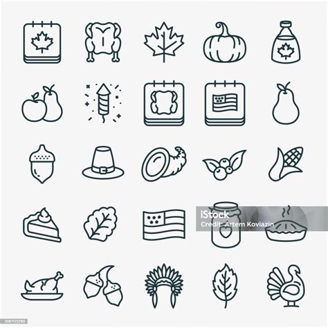 추수 감사절 최소한의 플랫 라인 스트로크 아이콘 그림 기호 그림 컬렉션을 설정합니다 터키 호박 파이 옥수수 크랜베리 단풍 잎 순례자 모자 0명에 대한 스톡 벡터 아트 및