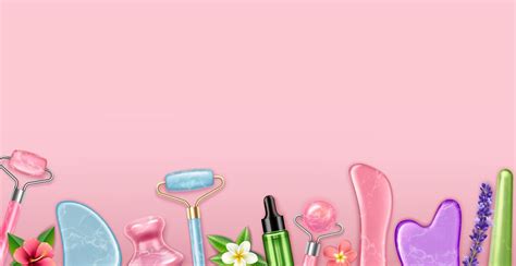 분홍색 배경 벡터 삽화에 자연석과 코스메틱 세럼으로 만든 롤러와 스크레이퍼가 있는 사실적인 구아샤 마사지 구성 무료 벡터