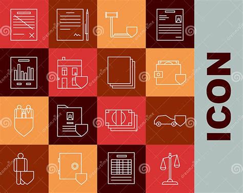 Set Line Scales Of Justice Car With Shield Wallet And Money Judge Gavel House Document