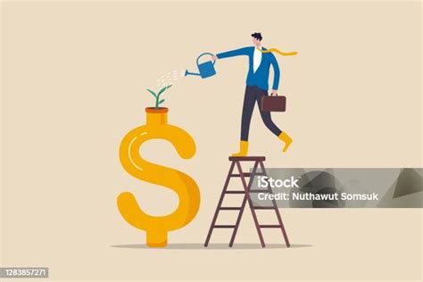 성장 투자 저축 및 금융 번영 돈 증가 또는 성장 사업 개념에서 이익 황금 달러 기호에서 성장 새싹 또는 모종 식물을 물고 사업가 투자자 새싹에 대한 스톡 벡터 아트 및