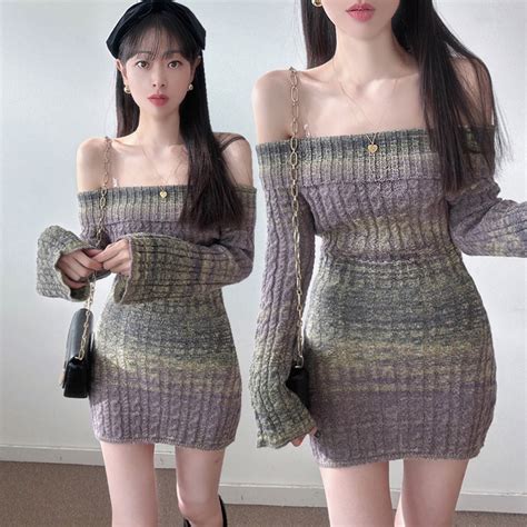저렴이x색감달라요 보라 보카시 오프숄더 케이블 니트 미니 여리핏 원피스 연말룩 데이트룩 에이블리