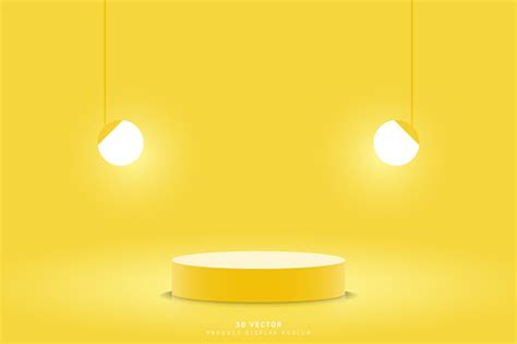 노란색 3d 실린더 연단 또는 원형 무대가 있는 최소한의 장면으로 사실적인 제품과 구체 전구를 매달아 보여줍니다 텅 빈 노란색 장면 3d 벡터 렌더링 디자인 깨끗한 3d