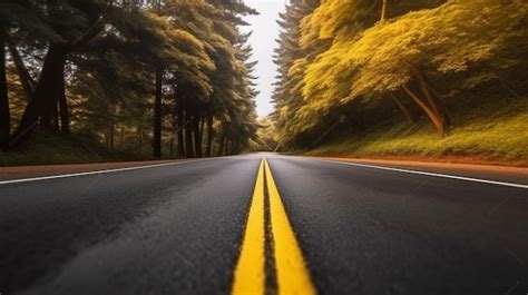 Premium Photo A Yellow Line On A Road With A Tree In The Middle