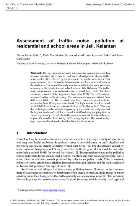Pdf Assessment Of Traffic Noise Pollution At Residential And School Areas In Jeli Kelantan