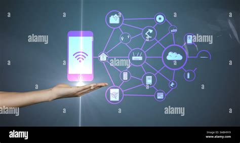 Holding Smartphone Hand Displaying Holographic Smart Home Icons For