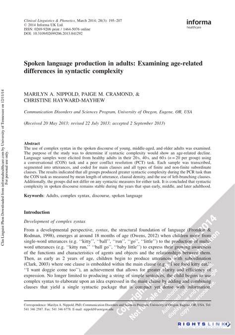 Pdf Spoken Language Production In Adults Examining Age Related Differences In Syntactic