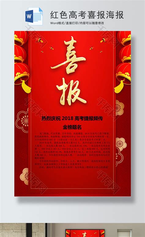 红色简约高考喜报word模板千库网wordid：94500