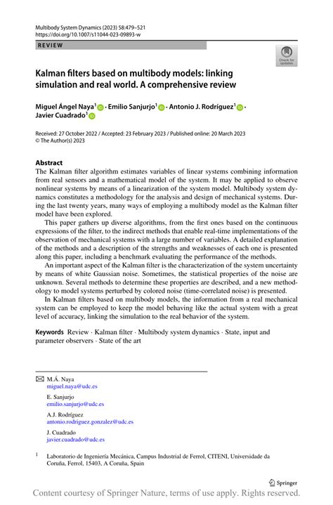 Pdf Kalman Filters Based On Multibody Models Linking Simulation And Real World A