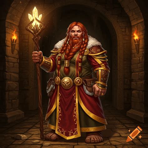 A Powerful Red Haired Female Dwarf Priest With A Braided Beard Wearing