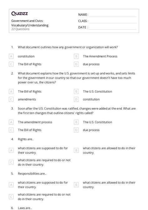 50 Civics And Government Worksheets For 5th Grade On Quizizz Free