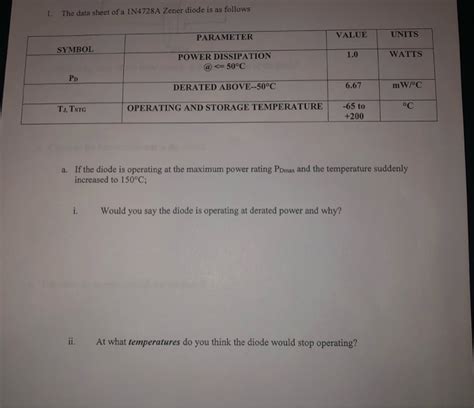 Solved 1 The Data Sheet Of A In4728a Zener Diode Is As