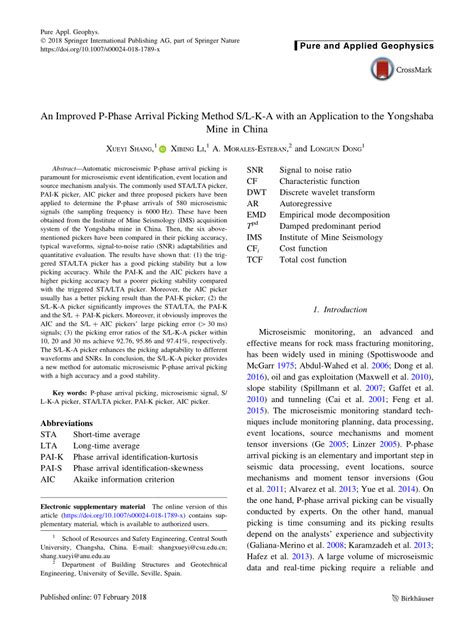 pdf an improved p phase arrival picking method s l k a with an