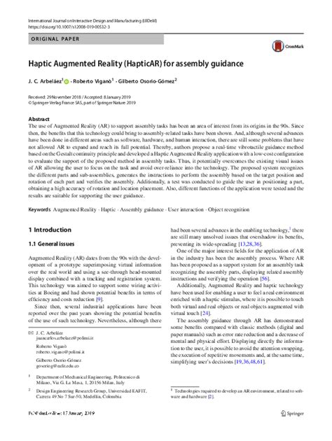 Pdf Haptic Augmented Reality Hapticar For Assembly Guidance