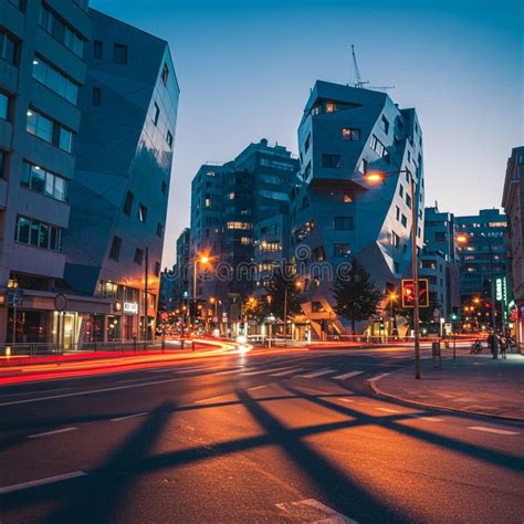Modern Urban Scene With Uniquely Designed Buildings Featuring Tilted