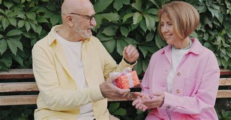공원 벤치 관계 남자와 여자 낭만적인 낮 노년 노부부 노인 녹지 다정함 단란함 동반자 따뜻한 순간 레저 미소 짓는 벤치 보여주다 보이는 선물