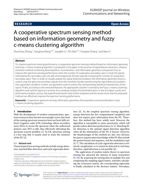 Pdf A Cooperative Spectrum Sensing Method Based On Information Geometry And Fuzzy C Means