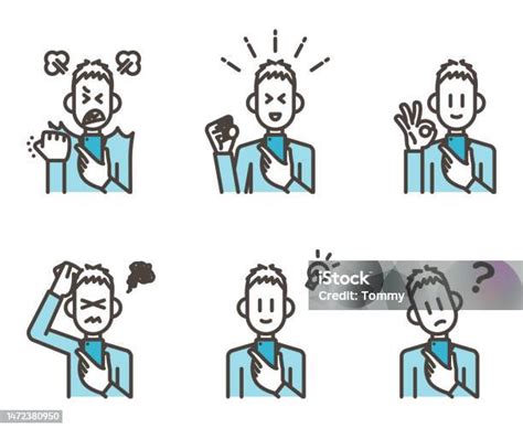 한 손에 스마트폰을 들고 얼굴에 다양한 표정을 짓고 있는 소년의 벡터 그림 감정 시리즈에 대한 스톡 벡터 아트 및 기타 이미지