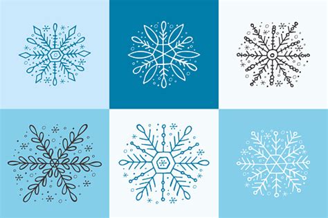 손으로 그린 눈송이 세트 낙서 스타일의 벡터 일러스트레이션 겨울 분위기 안녕하세요 2023 메리 크리스마스와 새해 복 많이 받으세요 밝은 파란색 배경에 흰색 파란색 및 회색