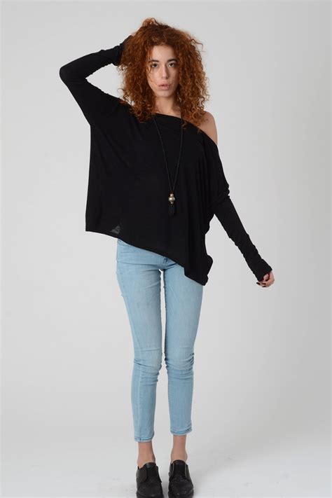 Black Tops Long Sleeve Top Boat Neck Top Oversize Wide Neck Etsy