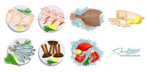 만화 스타일의 해산물입니다 해산물 플래터 오징어 오징어 게 새우 가시 랍스터 가자 미 낚시 흰색 배경에 고립 된 얼음 조각에