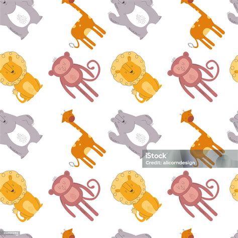 사랑스러운 만화 기린 사자 원숭이가 장난기 많고 어린이 친화적인 디자인에 등장하는 심리스 패턴 트렌디 한 손으로 그린 낙서 스케치 유치한 0명에 대한 스톡 벡터 아트 및