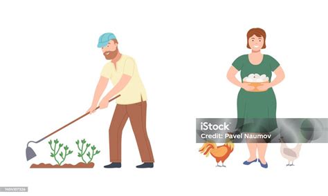 농장에서 다양한 일을하는 농부들 현장에서 일하고 가금류 새에게 먹이를주는 농업 노동자 만화 벡터 일러스트 레이 션 계절에 대한 스톡 벡터 아트 및 기타 이미지 Istock