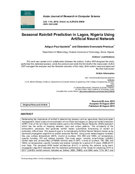 Pdf Seasonal Rainfall Prediction In Lagos Nigeria Using Artificial Neural Network