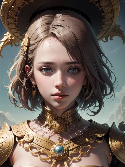 身穿金色连衣裙，头戴蓝色帽子的女子 Seaart Ai