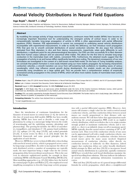 Pdf Axonal Velocity Distributions In Neural Field Equations
