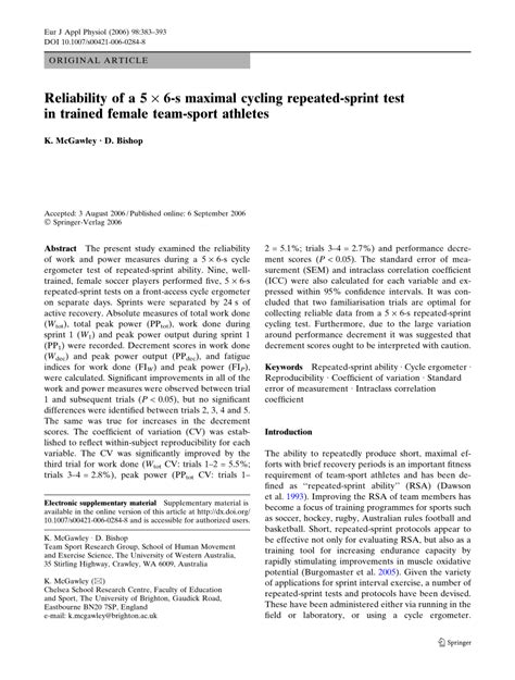 Pdf Reliability Of A 5 × 6 S Maximal Cycling Repeated Sprint Test In Trained Female Team Sport