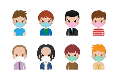 다양한 남자 소년 마스크 착용 감기 귀여운 일러스트 세트 갈색 머리에 대한 스톡 벡터 아트 및 기타 이미지 갈색 머리 감기와 독감 감정 Istock